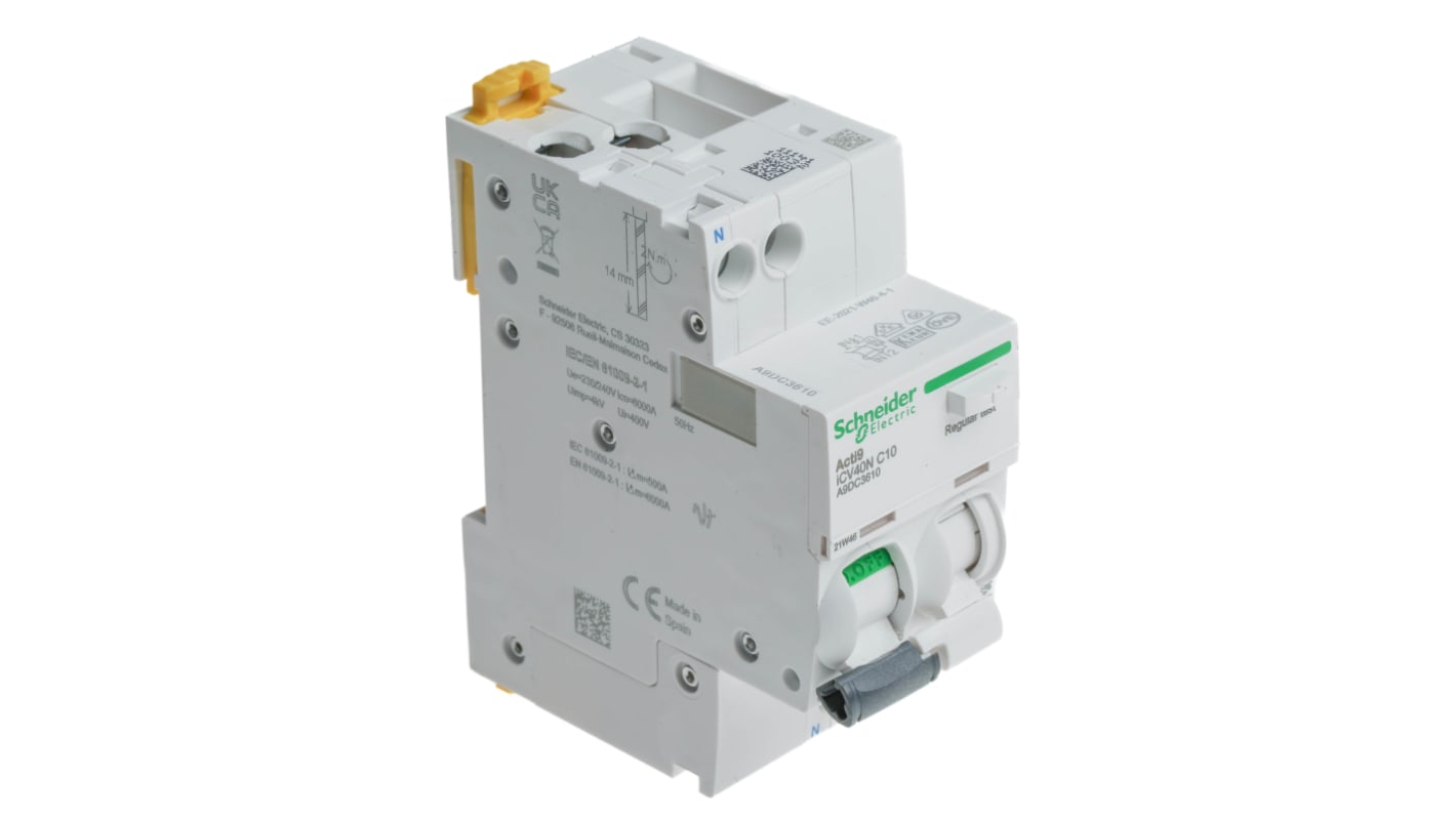 A9DC3610 | Schneider Electric RCBO, 10A Current Rating, 1P Poles, 30mA Trip Sensitivity, Type C ...