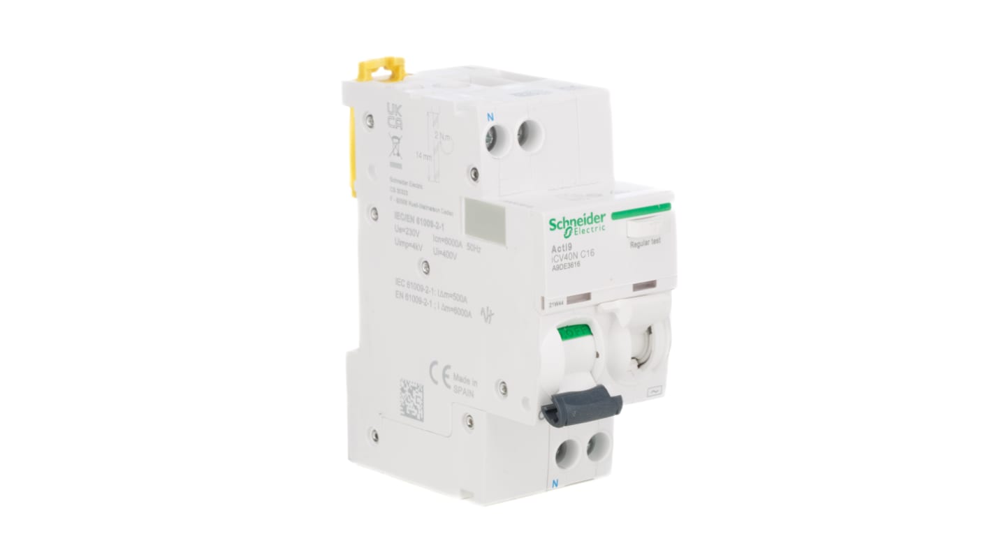 A9DE3616 | Schneider Electric RCBO, 16A Current Rating, 1P+N Poles, 30mA Trip Sensitivity, Acti9 ...