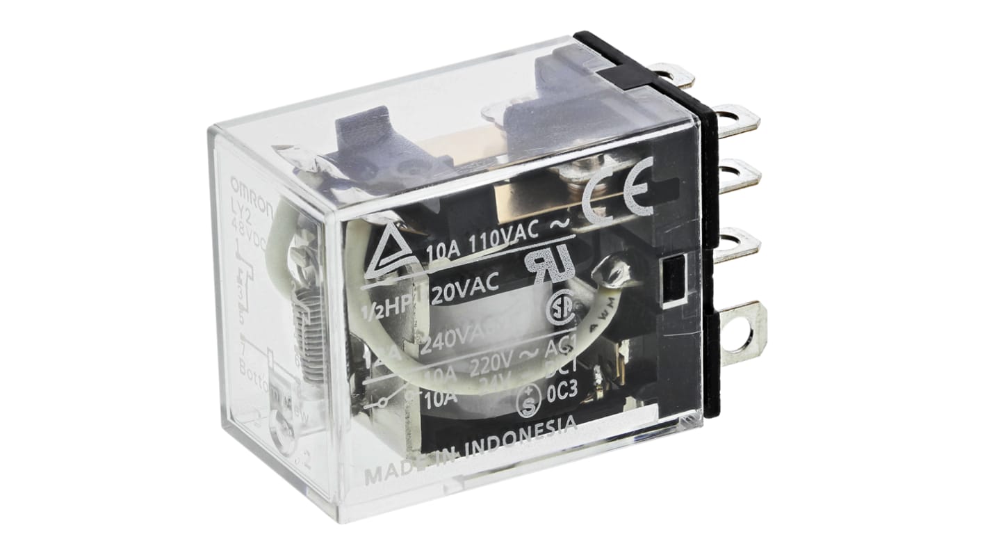 LY2 DC48 | Omron PCB Mount Power Relay, 48V dc Coil, 10A Switching Current, DPDT | RS