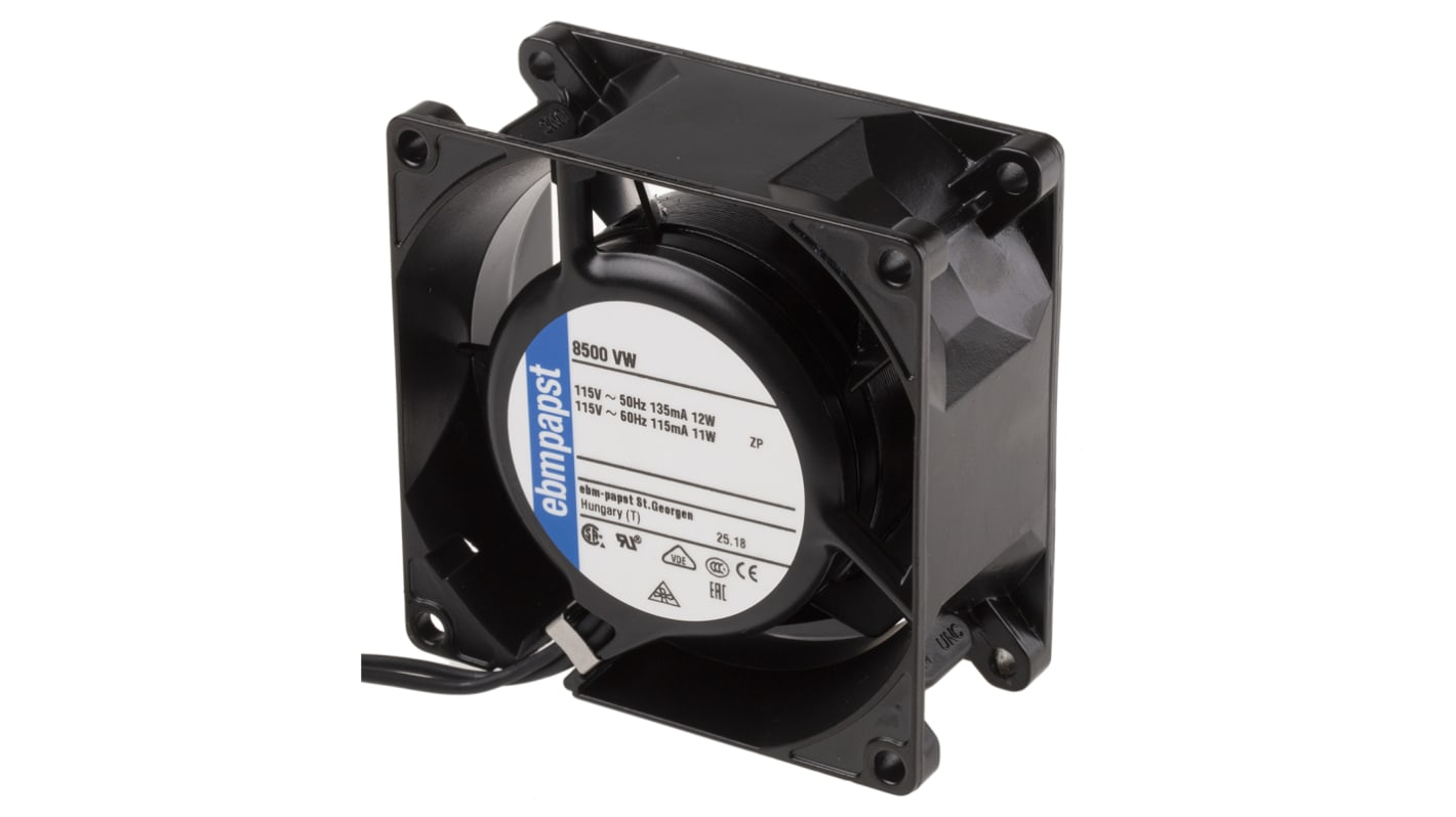 8500VW | ebm-papst 8000 V Series Axial Fan, 115 V ac, AC Operation, 50m³/h, 12W, 80 x 80 x 38mm | RS