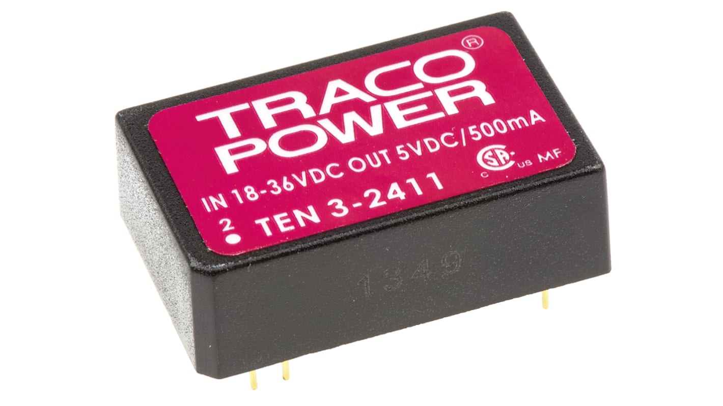 TEN 3-2411 | TRACOPOWER TEN 3 DC-DC Converter, 5V dc/ 500mA Output, 18 → 36 V dc Input, 2.5W ...