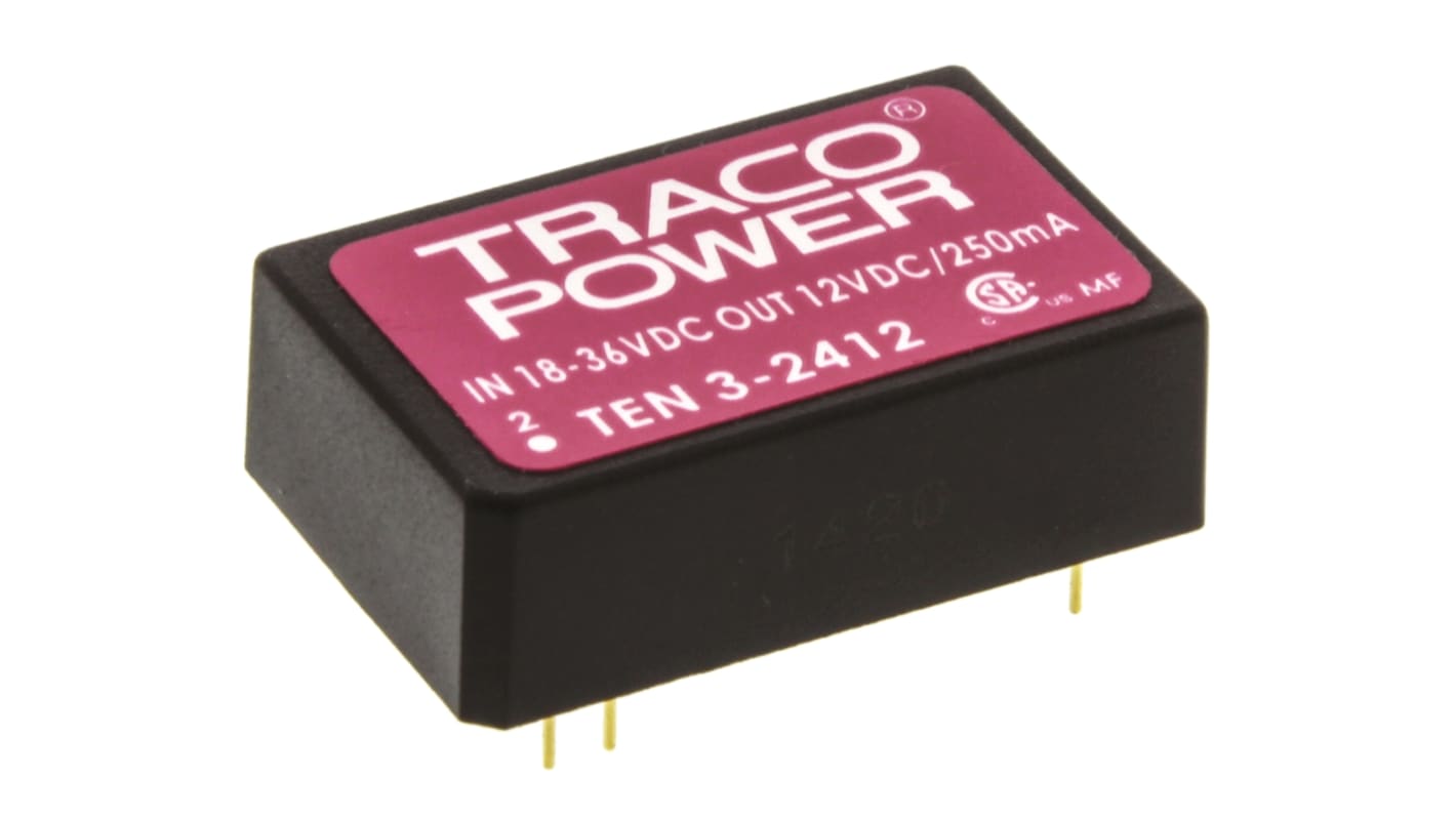 TEN 3-2412 | TRACOPOWER TEN 3 DC-DC Converter, 12V dc/ 250mA Output, 18 → 36 V dc Input, 3W ...