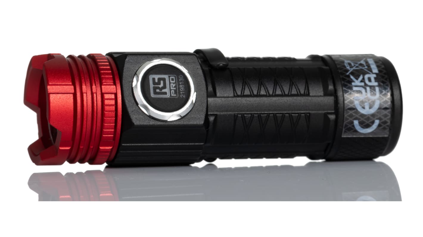 RS PRO LED Torch Black, Red - Rechargeable 600 lm, 74 mm | RS