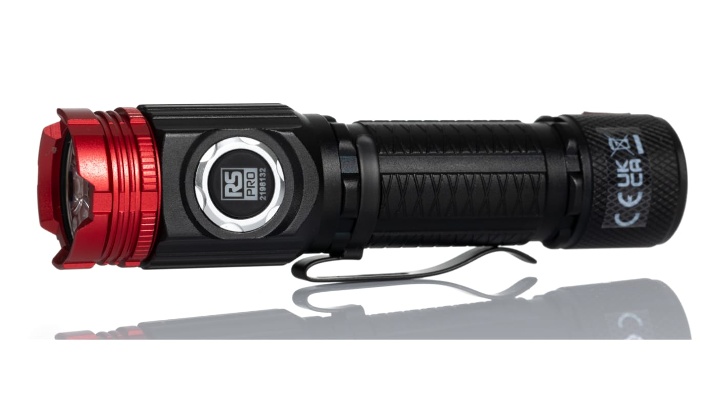 RS PRO LED Torch Black, Red - Rechargeable 1800 lm, 120 mm | RS