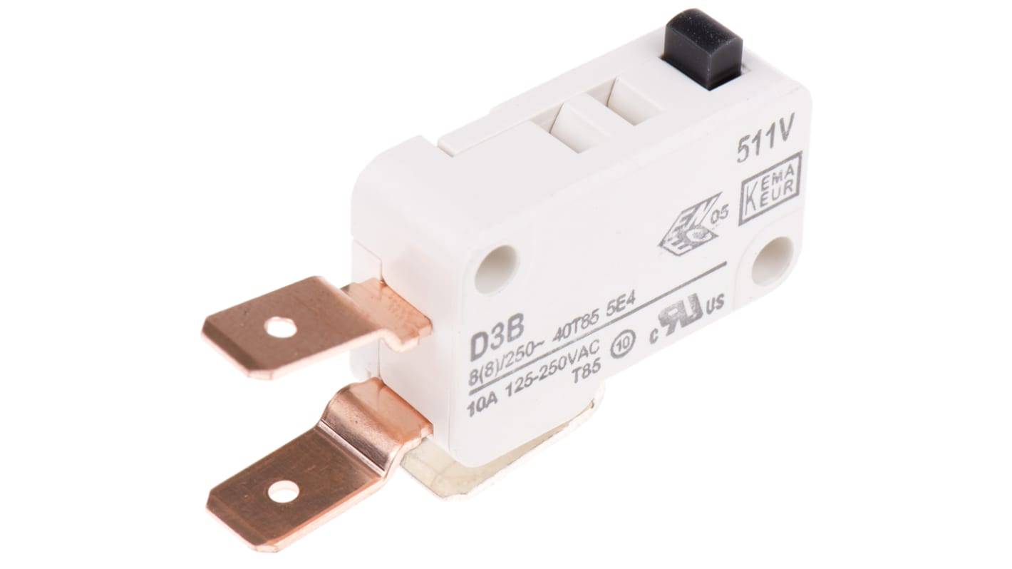 D3B6-V3AA | ZF Button Microswitch, Tab Terminal, 10 A @ 250 V ac, SPDT | RS