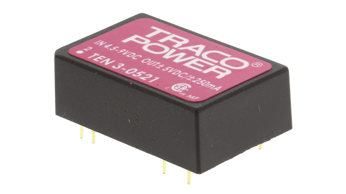 TEN 3-0521 | TRACOPOWER TEN 3 DC-DC Converter, ±5V dc/ ±250mA Output, 4.5 → 9 V dc Input, 3W ...