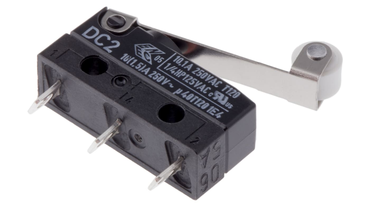 DC2C-A1RC | ZF Roller Lever Micro Switch, Solder Terminal, 10.1 A @ 250 V ac, SPDT, IP6K7 | RS