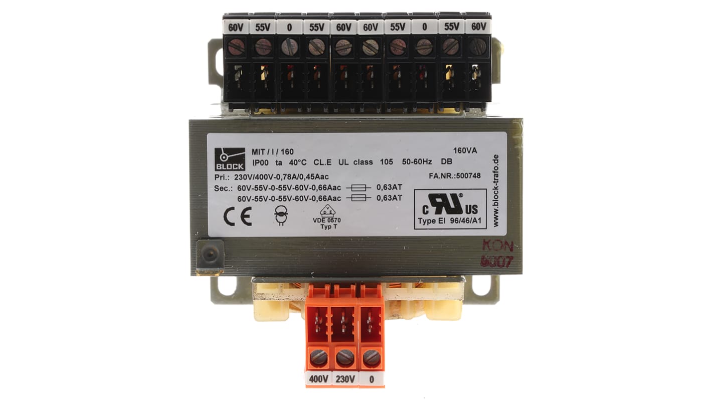 MIT/I/160 | Block 160VA DIN Rail Transformer, 230V ac, 400V ac Primary ...