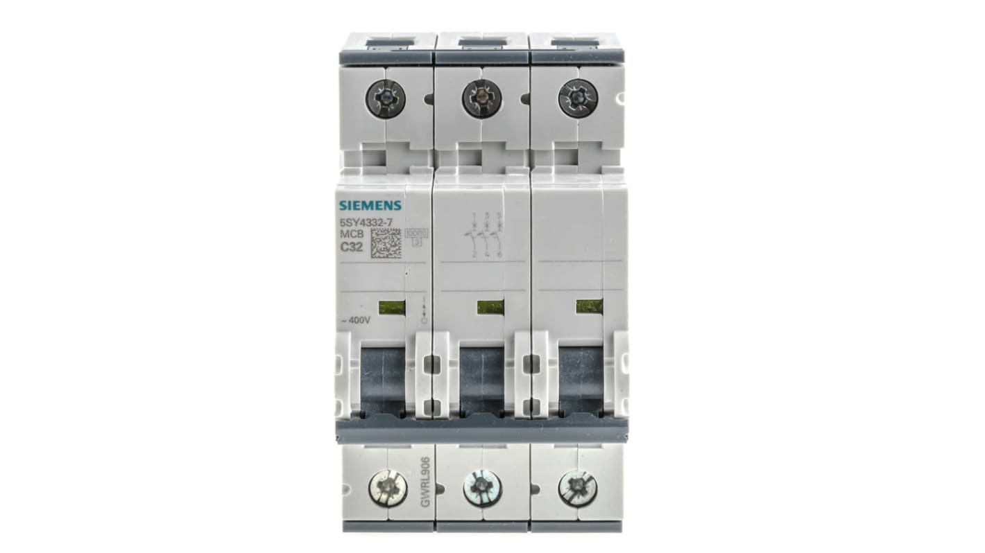 5SY4332-7 | Siemens Sentron 5SY4 MCB, 3P, 32A Curve C, 400V AC, 10 kA Breaking Capacity | RS