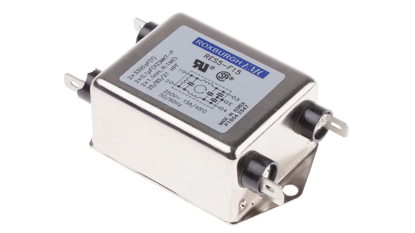 RS PRO 15A 250 V ac/dc 50/60Hz, Chassis Mount RFI Filter, Fast-On ...