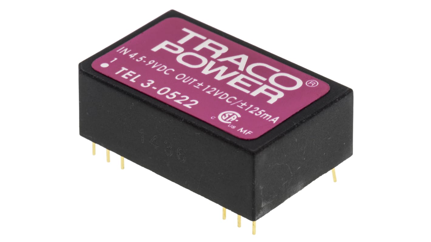 TEL 3-0522 | TRACOPOWER TEL 3 DC-DC Converter, ±12V dc/ ±125mA Output, 4.5 → 9 V dc Input, 3W ...