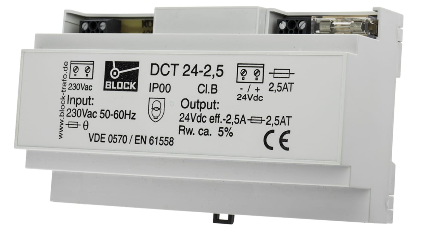DCT24/2.5 | Block DCT Linear DIN Rail Power Supply, 230V ac ac Input ...