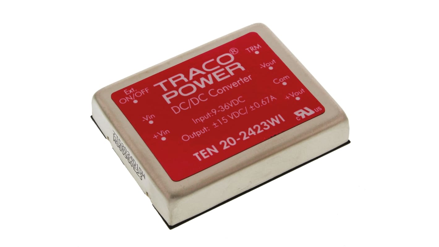 TEN 20-2423WI | TRACOPOWER TEN 20WI DC-DC Converter, ±15V dc/ ±665mA Output, 9 → 36 V dc Input ...