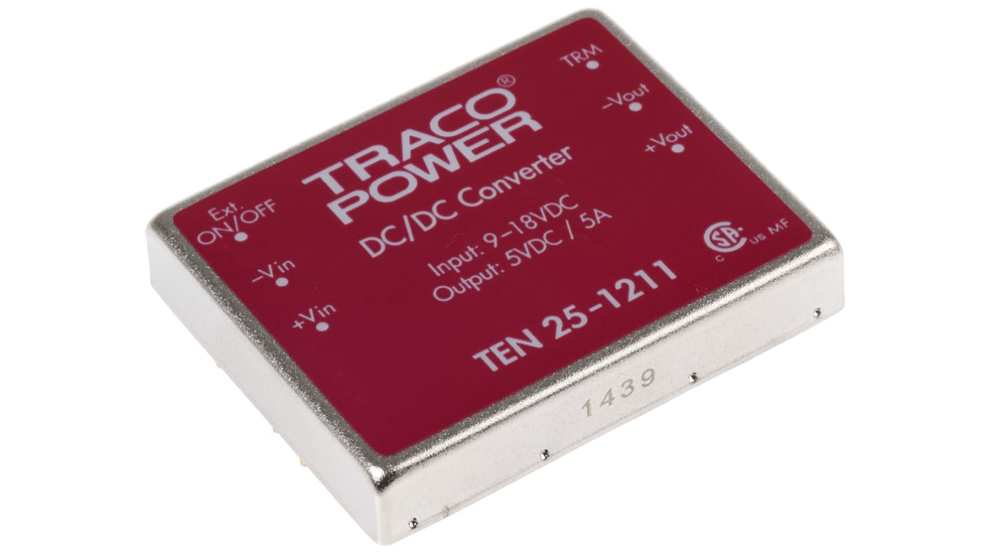 TEN 25-1211 | TRACOPOWER TEN 25 DC-DC Converter, 5V dc/ 5A Output, 9 → 18 V dc Input, 25W ...