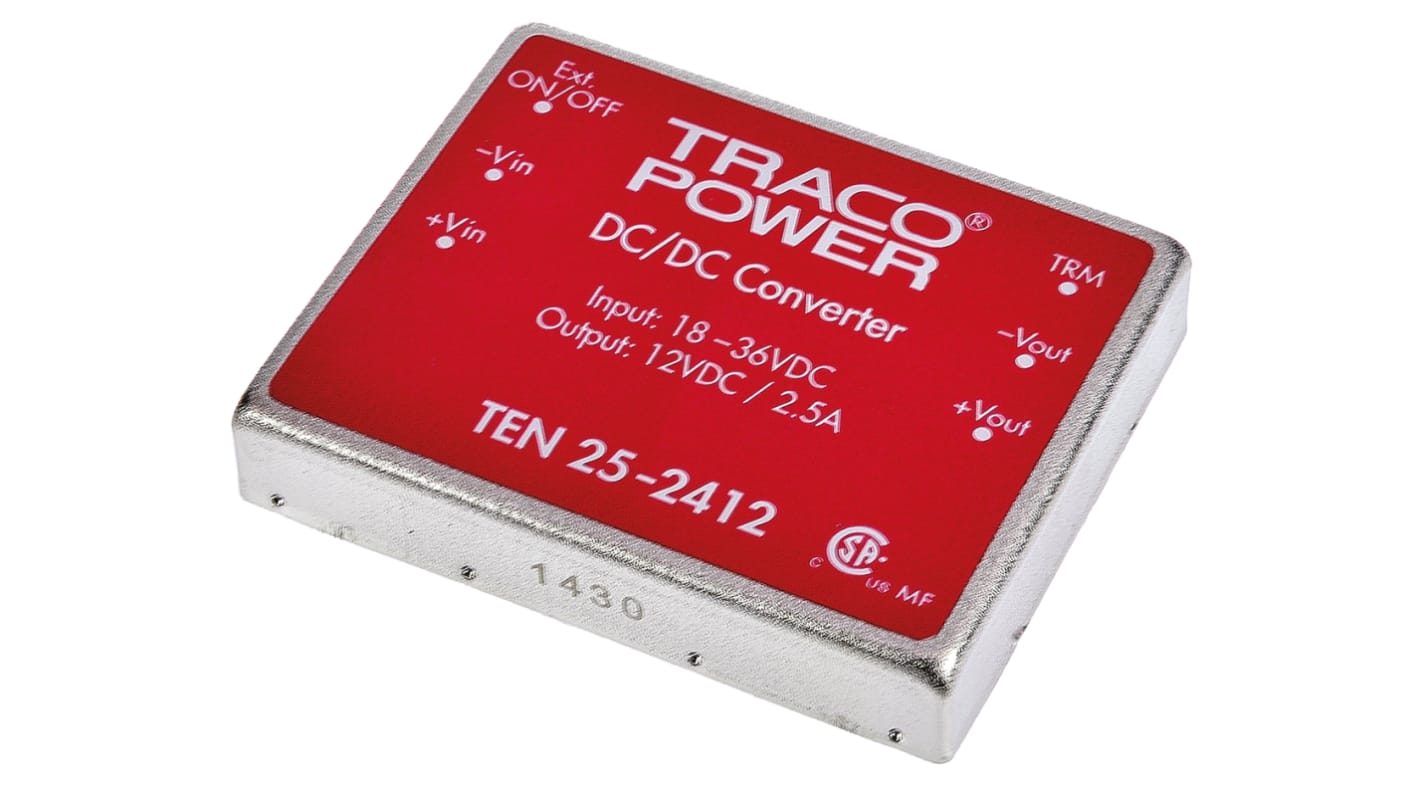 TEN 25-2412 | TRACOPOWER TEN 25 DC-DC Converter, 12V dc/ 2.5A Output, 18 → 36 V dc Input, 25W ...