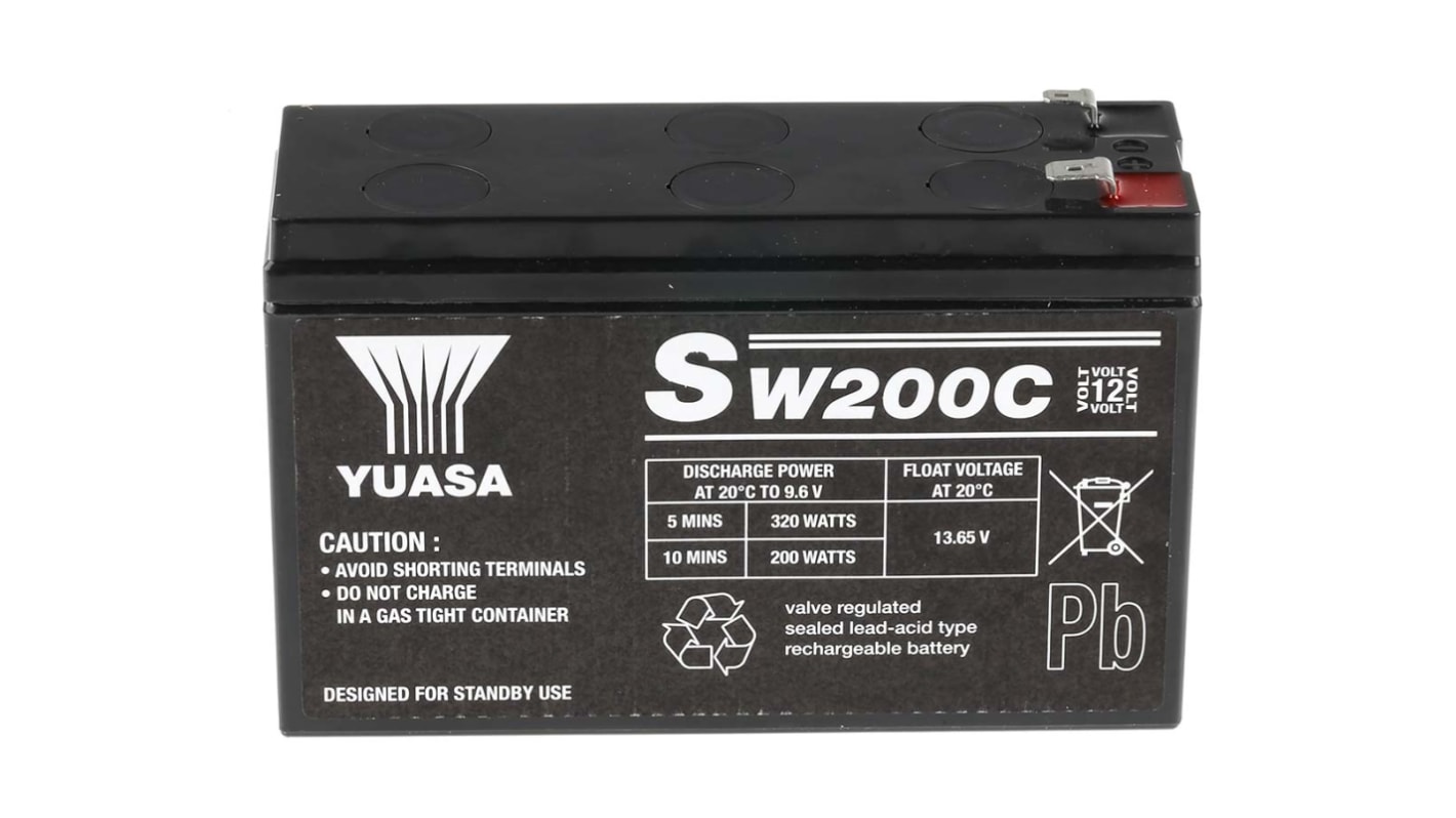 SW200 | Yuasa 12V Faston 4.8mm/6.35mm Sealed Lead Acid Battery, 6.5Ah | RS