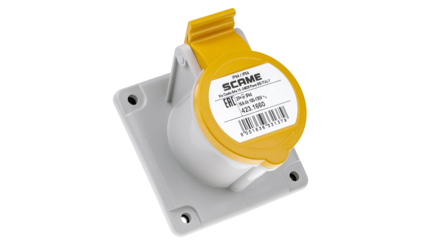 423.166 | Scame IP44 Yellow Panel Mount 2P + E Industrial Power Socket ...