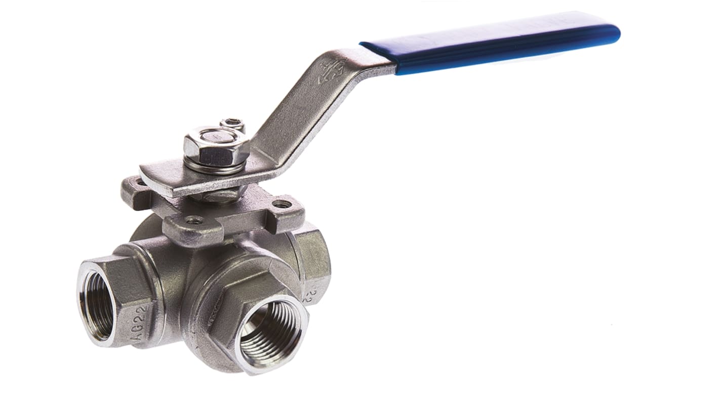 RS PRO Stainless Steel T Port, 3 Way, Ball Valve, BSPP 1/2in, 68bar ...