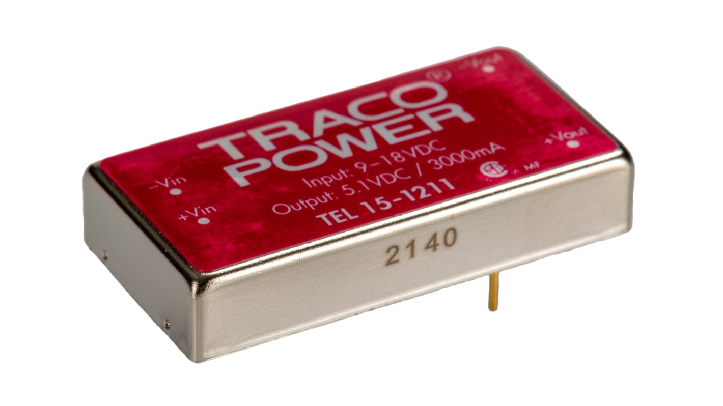 TEL 15-1211 | TRACOPOWER TEL 15 DC-DC Converter, 5V dc/ 3A Output, 9 → 18 V dc Input, 15W ...