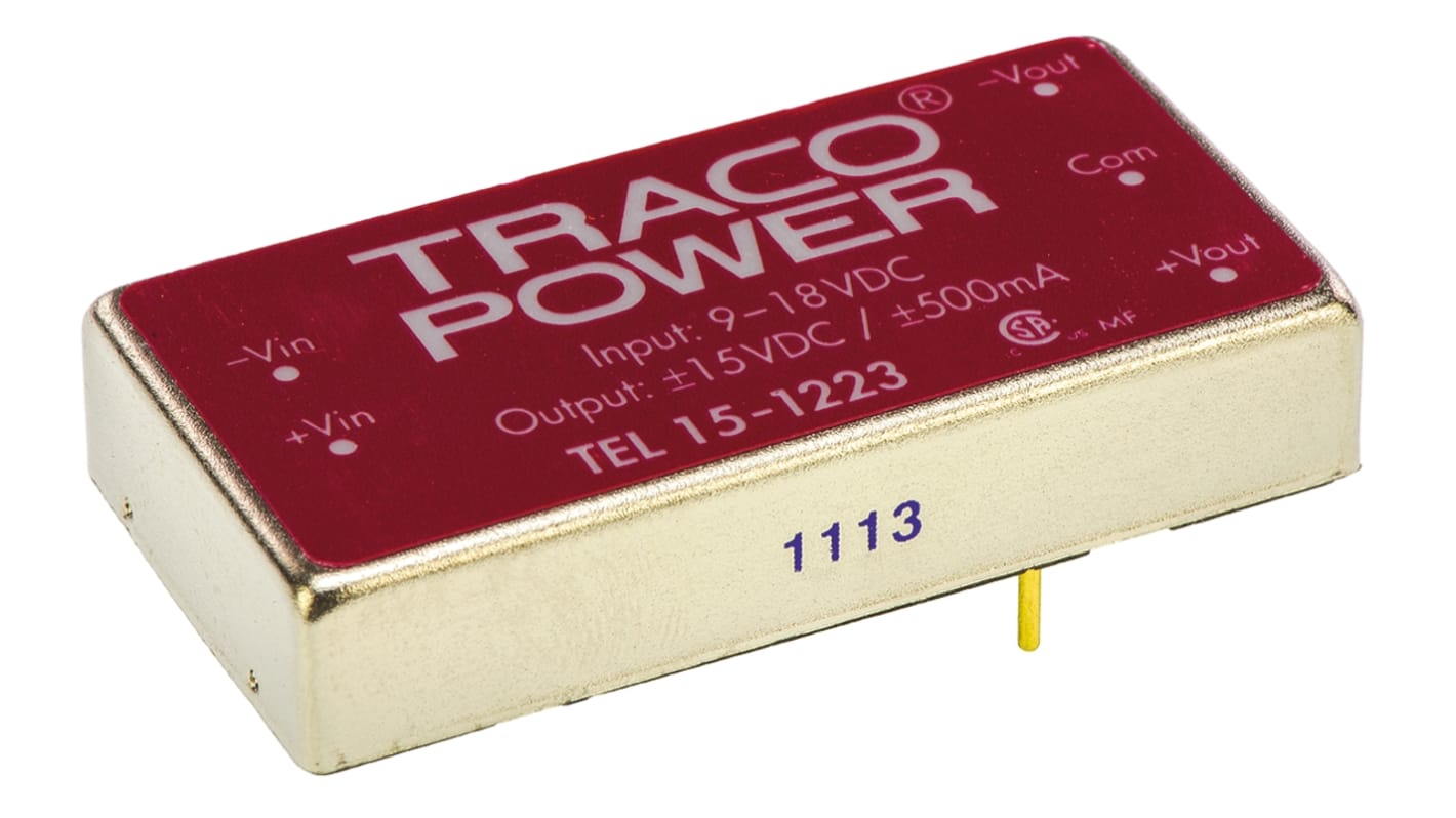 TEL 15-1223 | TRACOPOWER TEL 15 DC-DC Converter, ±15V dc/ ±500mA Output, 9 → 18 V dc Input, 15W ...