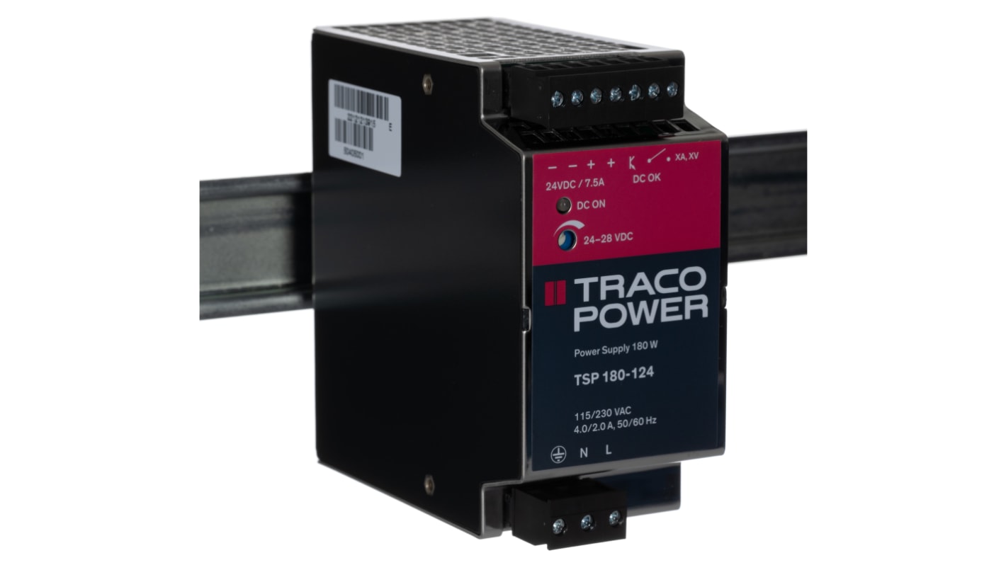 TRACOPOWER 开关模式导轨电源, 24V 直流, 7.5A输出, 180W, 单相, TSP 180-124 | RS