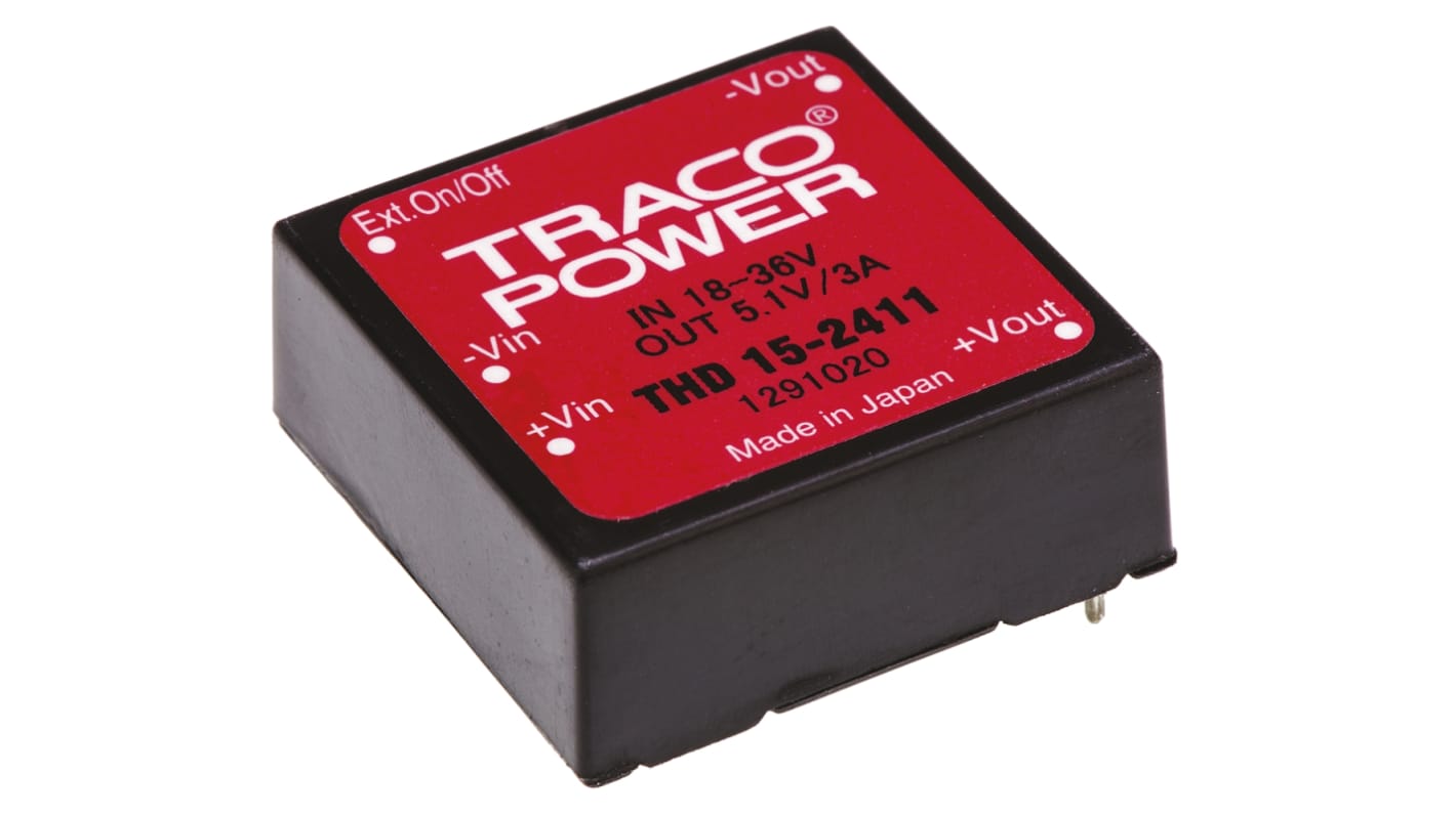 THD 15-2411 | TRACOPOWER THD 15 Isolated DC-DC Converter, 5V dc/ 3A Output, 18 → 36 V dc Input ...