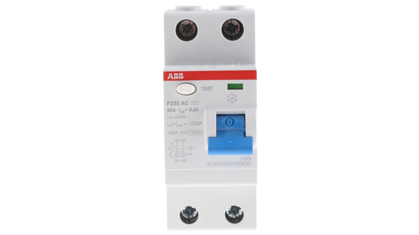 2CSF202001R3630 F202 AC-63/0,3 | ABB F200 RCCB, 63A, 2 Pole, 300mA, Type AC | RS
