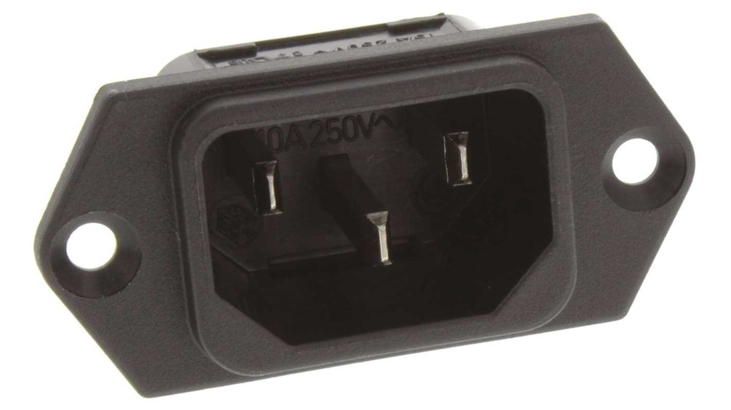 6100.3300 | Schurter C14 Panel Mount IEC Connector Male, 10A, 250 V | RS