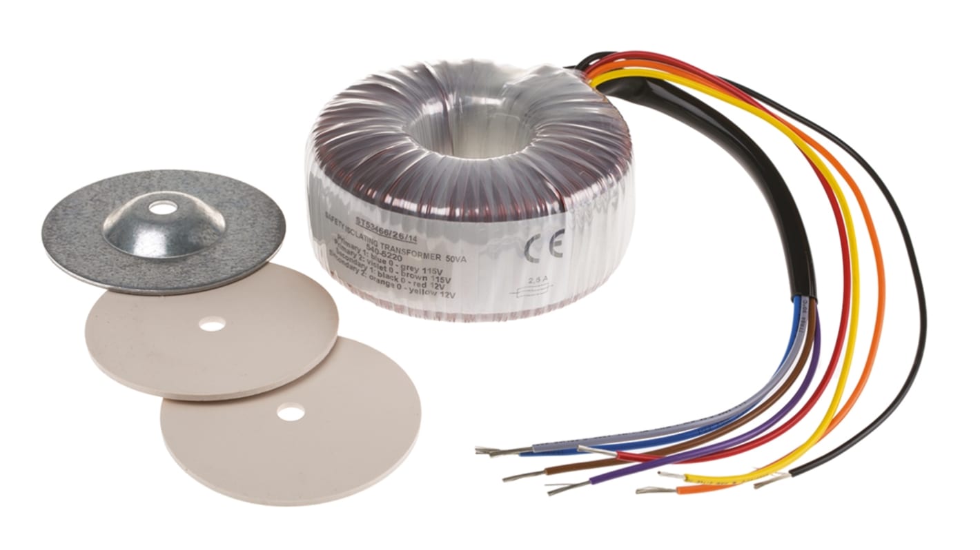 RS PRO 115 V ac, 230 V ac, 2 x 12V ac Toroidal Transformer, 50VA 2 ...