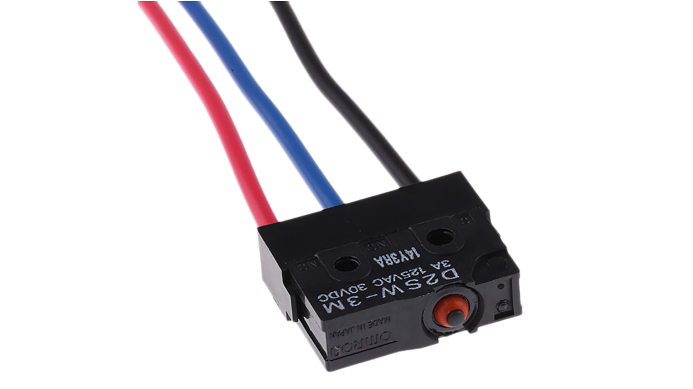 D2SW-3M | Omron Pin Plunger Micro Switch, Pre-wired Terminal, 3 A @ 30 V dc, SPDT, IP67 | RS