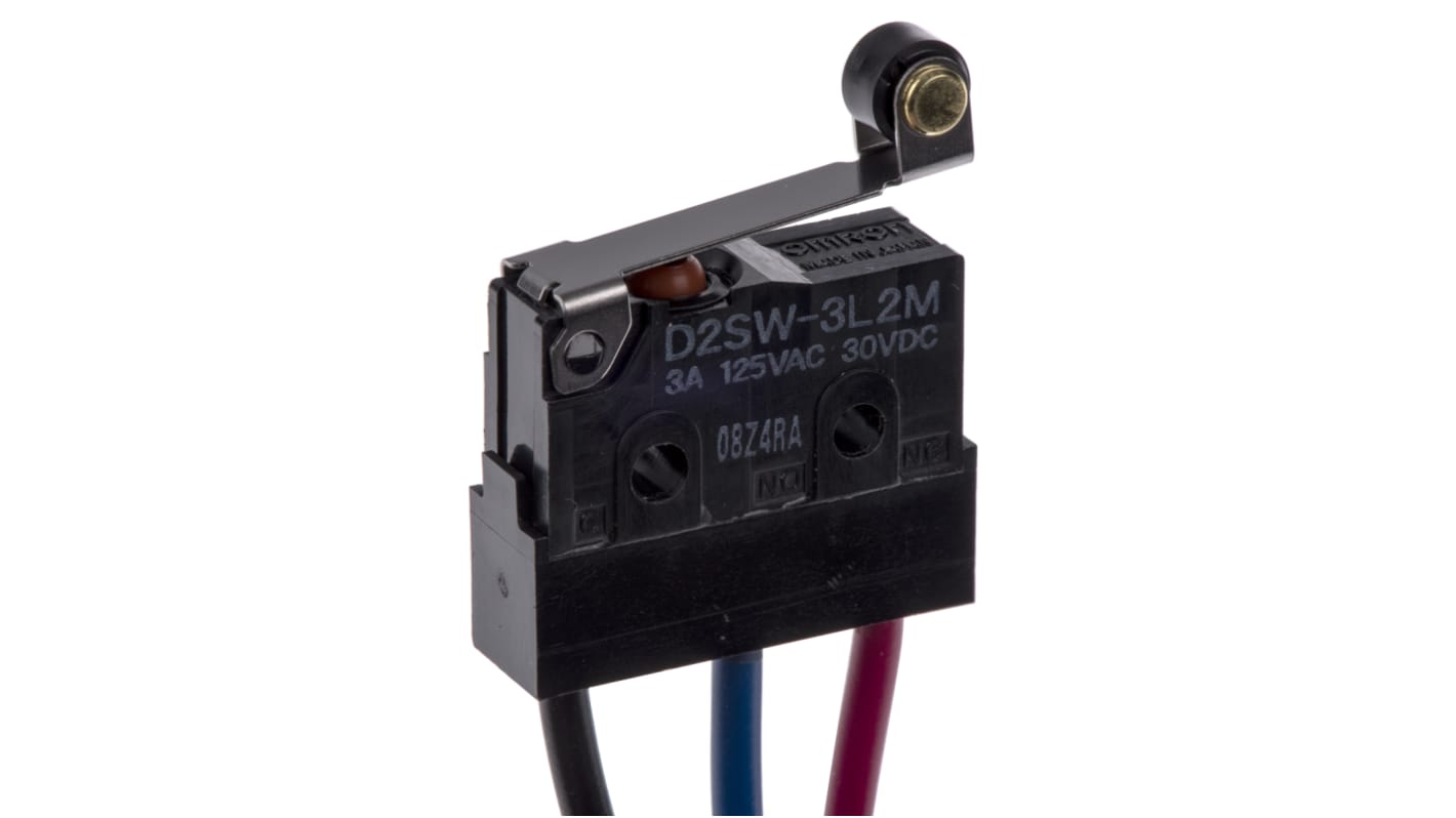 D2SW-3L2M | Omron Roller Lever Micro Switch, Pre-wired Terminal, 3 A @ 30 V dc, SPDT, IP67 | RS