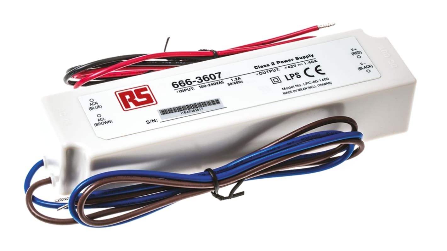 LPC-60-1400 | MEAN WELL LED Driver, 9 → 42V Output, 58.8W Output, 1.4A Output, Constant Current | RS