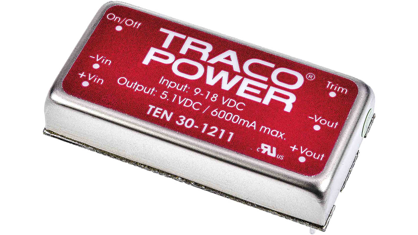 TEN 30-1211 | TRACOPOWER TEN 30 DC-DC Converter, 5.1V dc/ 6A Output, 9 → 18 V dc Input, 30W ...