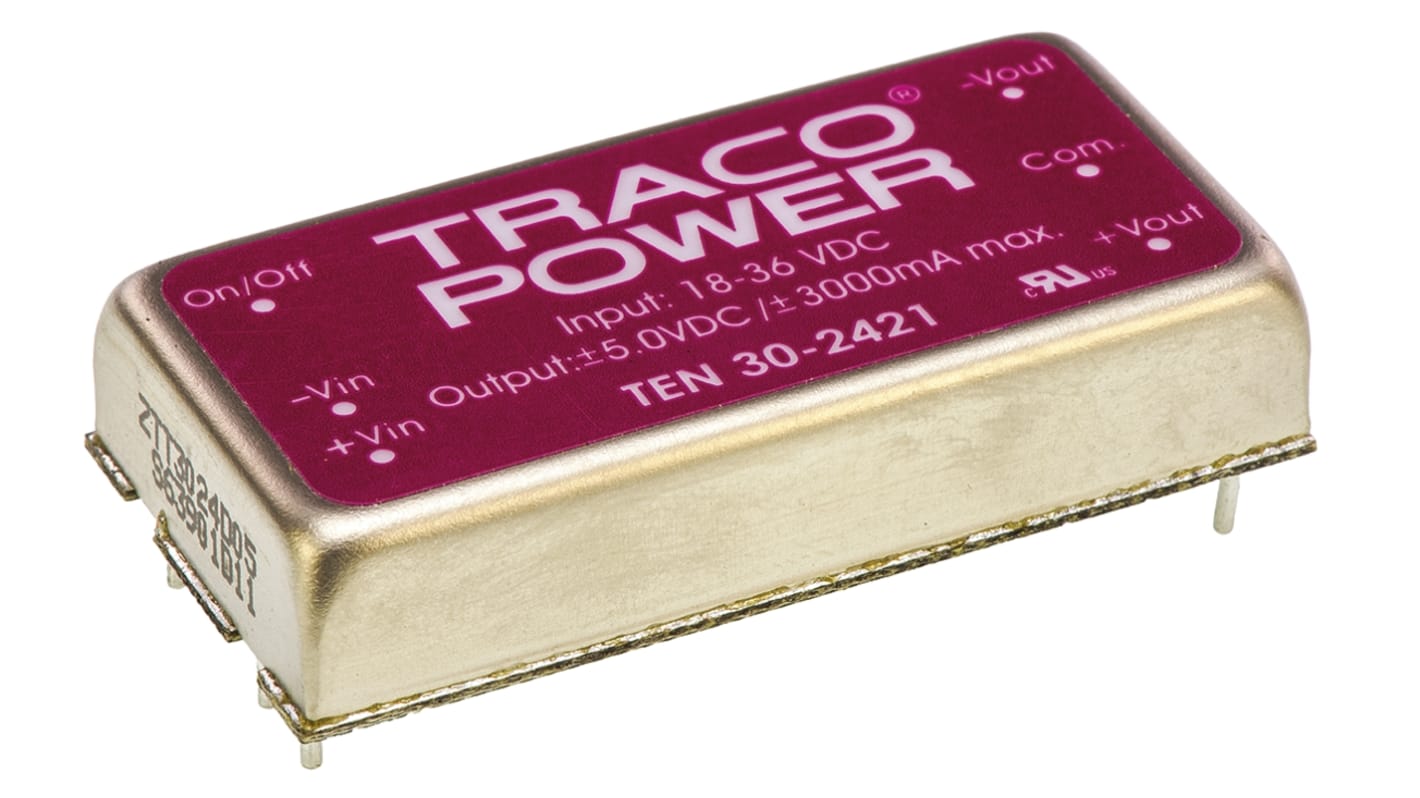 TEN 30-2421 | TRACOPOWER TEN 30 DC-DC Converter, ±5V dc/ ±3A Output, 18 → 36 V dc Input, 30W ...