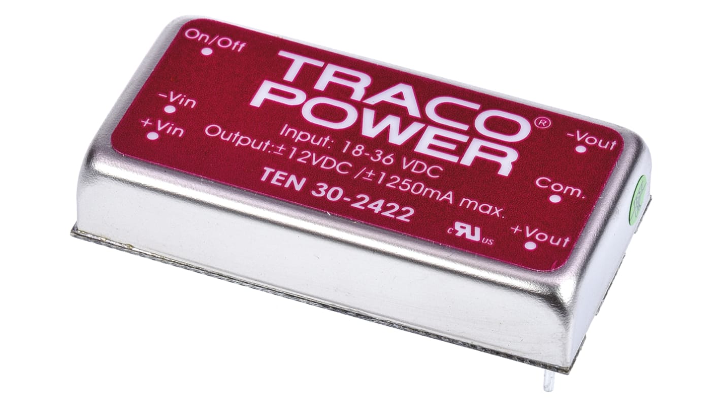 TEN 30-2422 | TRACOPOWER TEN 30 DC-DC Converter, ±12V dc/ ±1.25A Output, 18 → 36 V dc Input, 30W ...