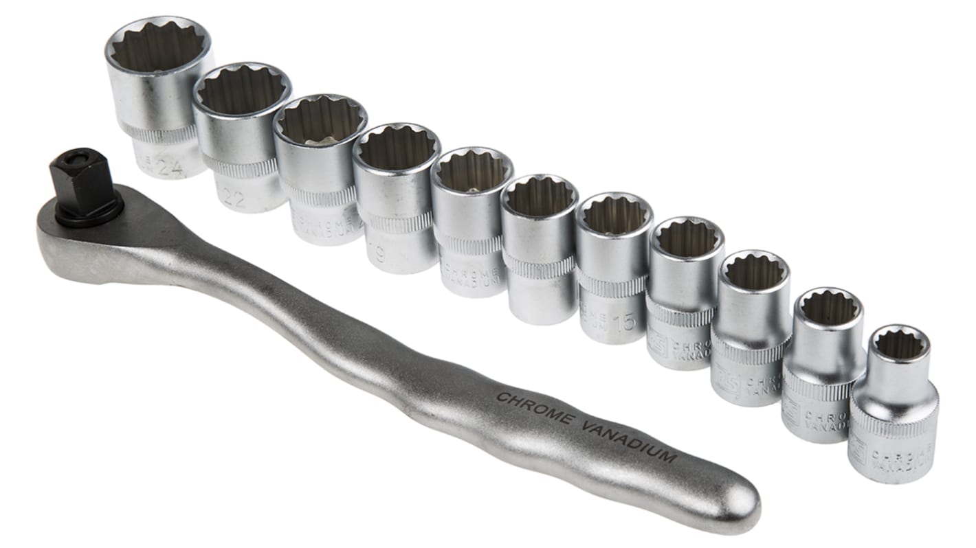 RS PRO 12-Piece Metric 1/2 in Standard Socket Set with Ratchet, 12 ...