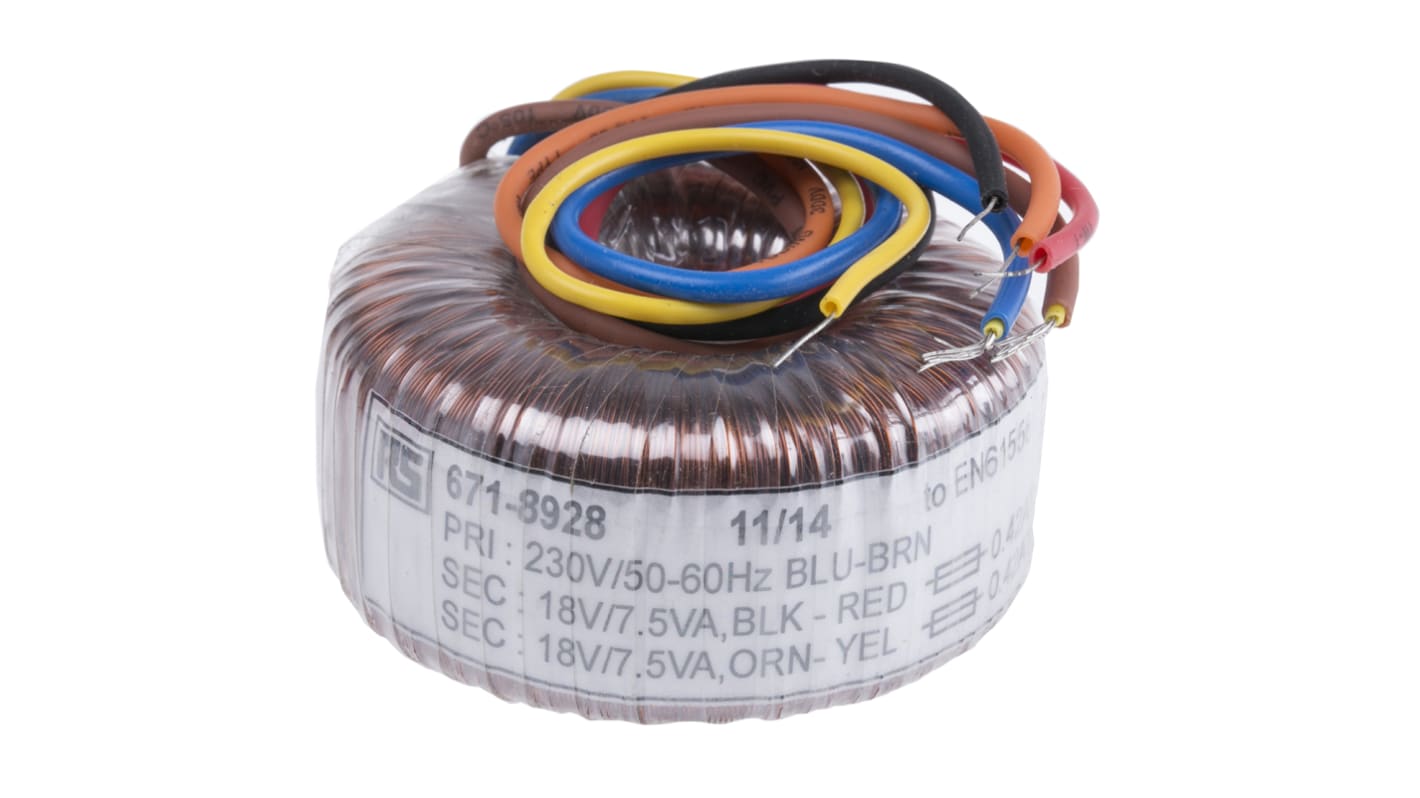 Transformateur torique RS PRO 2 sorties, 230V c.a. → 2 x 18V c.a., 15VA ...