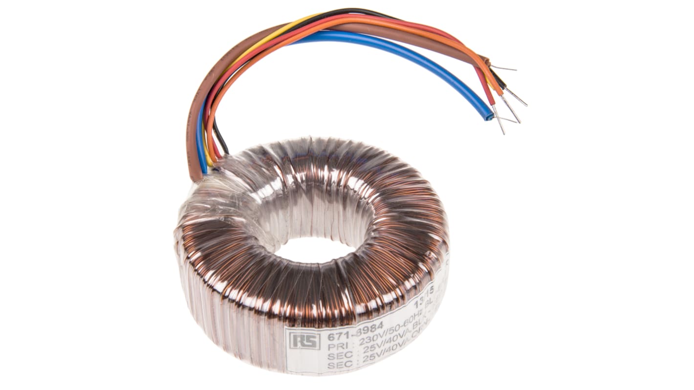 Transformateur torique RS PRO 2 sorties, 230V c.a. → 2 x 25V c.a., 80VA ...