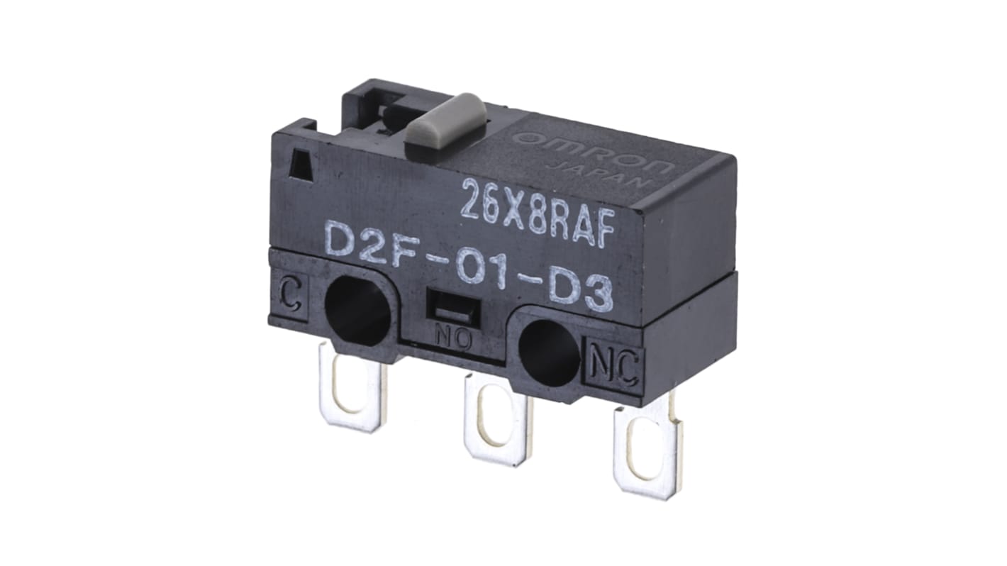 D2F-01-D3 | Omron Pin Plunger Micro Switch, Solder Terminal, 100 mA @ 30 V dc, SPDT, IP40 | RS