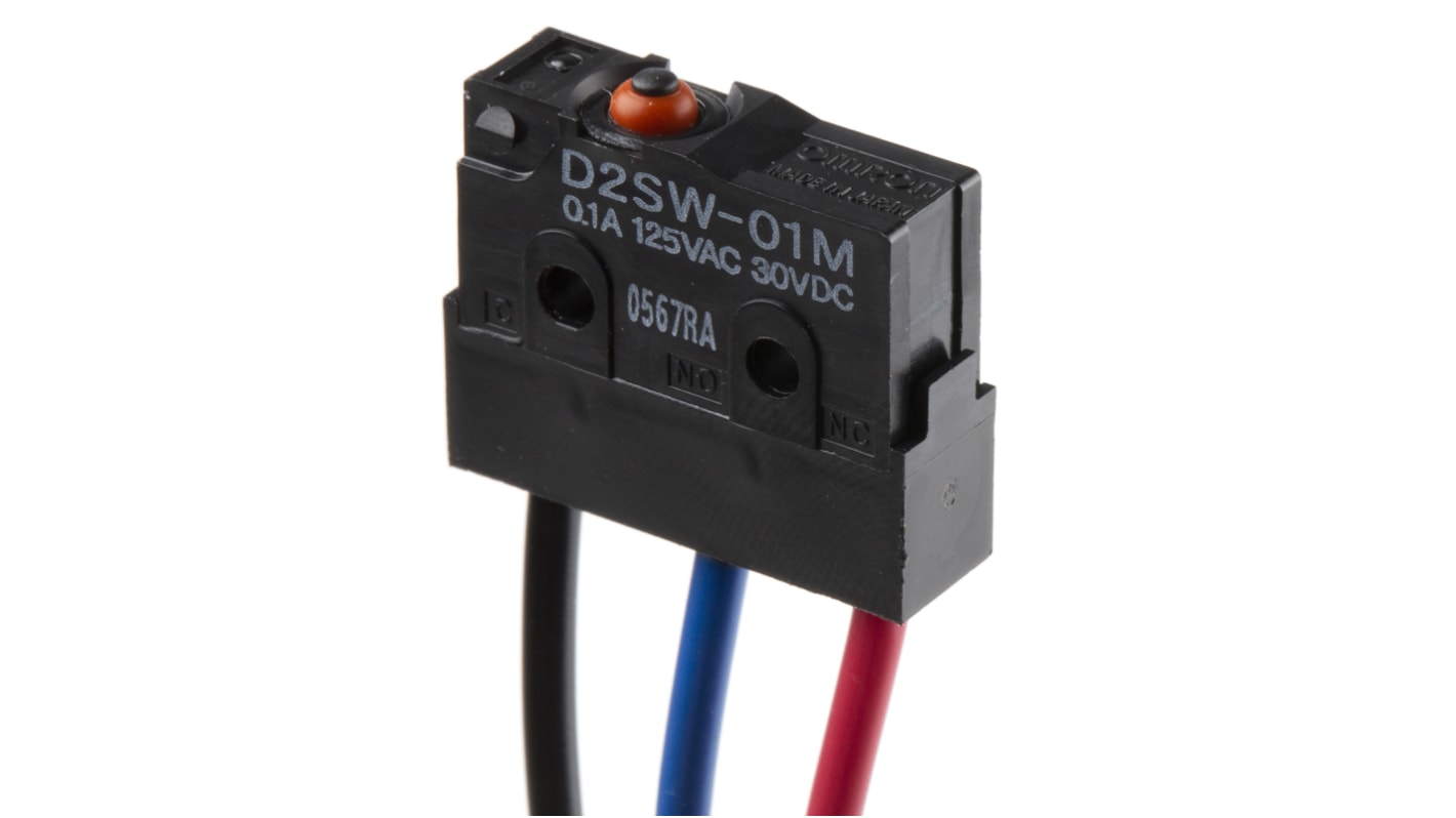 D2SW-01M | Omron Pin Plunger Micro Switch, Pre-wired Terminal, 100 mA @ 30 V dc, SPDT, IP67 | RS