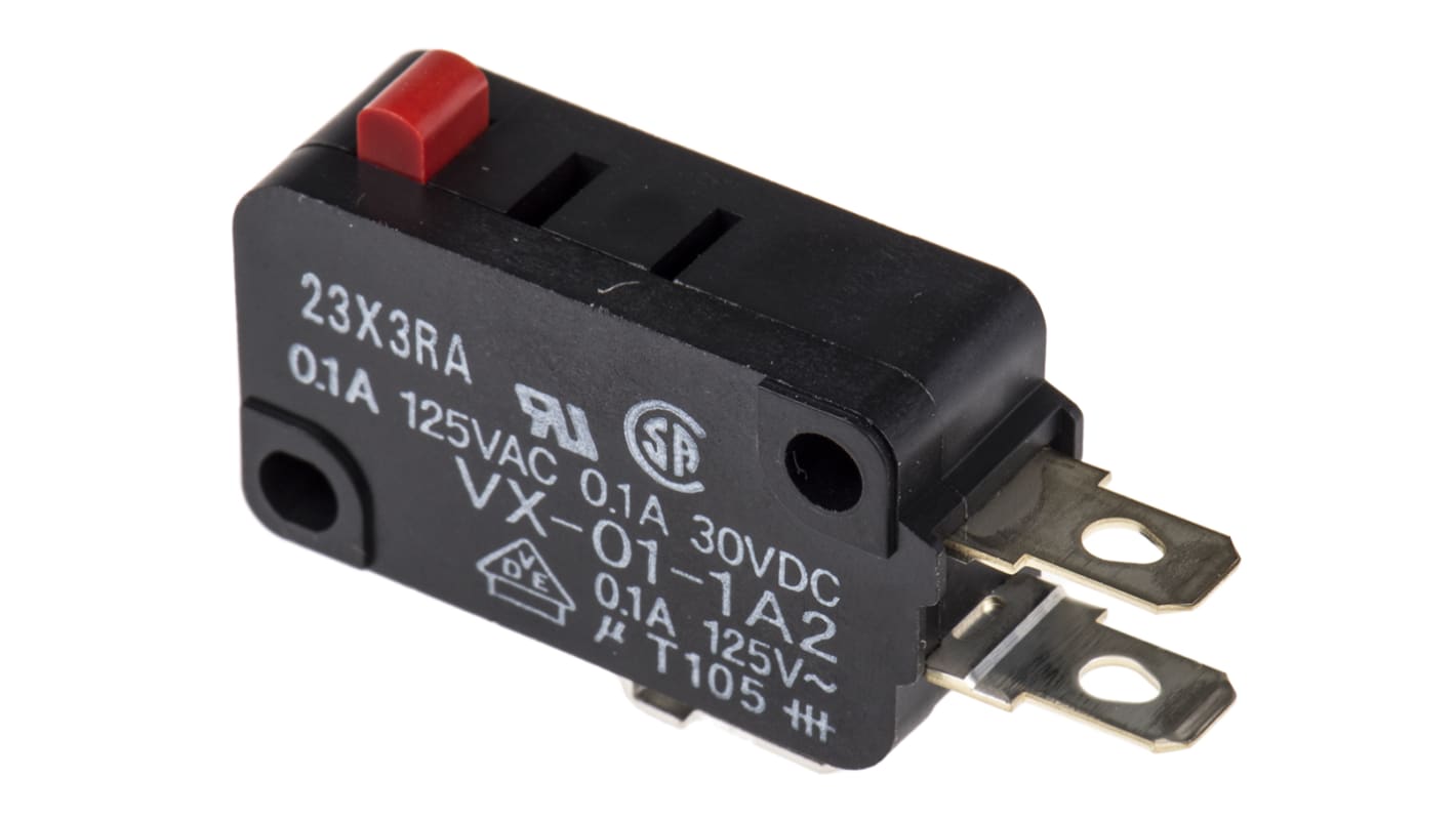 VX-01-1A2 | Omron Pin Plunger Micro Switch, Solder Terminal, 100 mA @ 30 V dc, SPDT, IP40 | RS