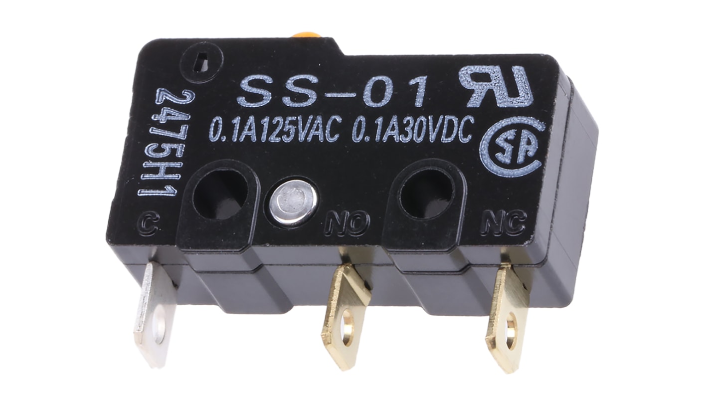 SS-01 | Omron Pin Plunger Micro Switch, Solder Terminal, 100 mA @ 30 V dc, SPDT, IP40 | RS