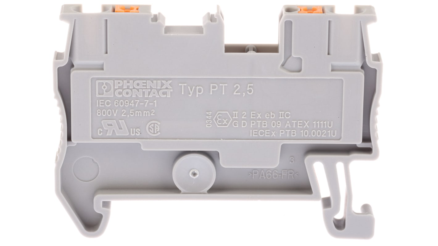3209510 | Phoenix Contact PT 2.5 Series Grey Feed Through Terminal Block, 0.14 → 4mm², Single ...