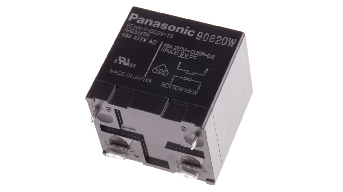 HE1AN-P-DC9V-Y5 | Panasonic PCB Mount Power Relay, 9V dc Coil, 48A ...