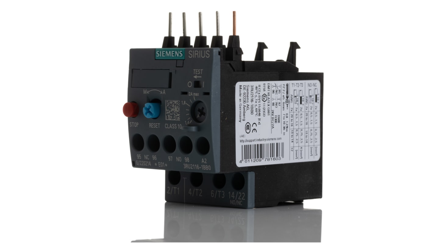 3RU2116-1BB0 | Siemens 3RU Overload Relay 1NO + 1NC, 1.4 → 2 A F.L.C, 2 ...