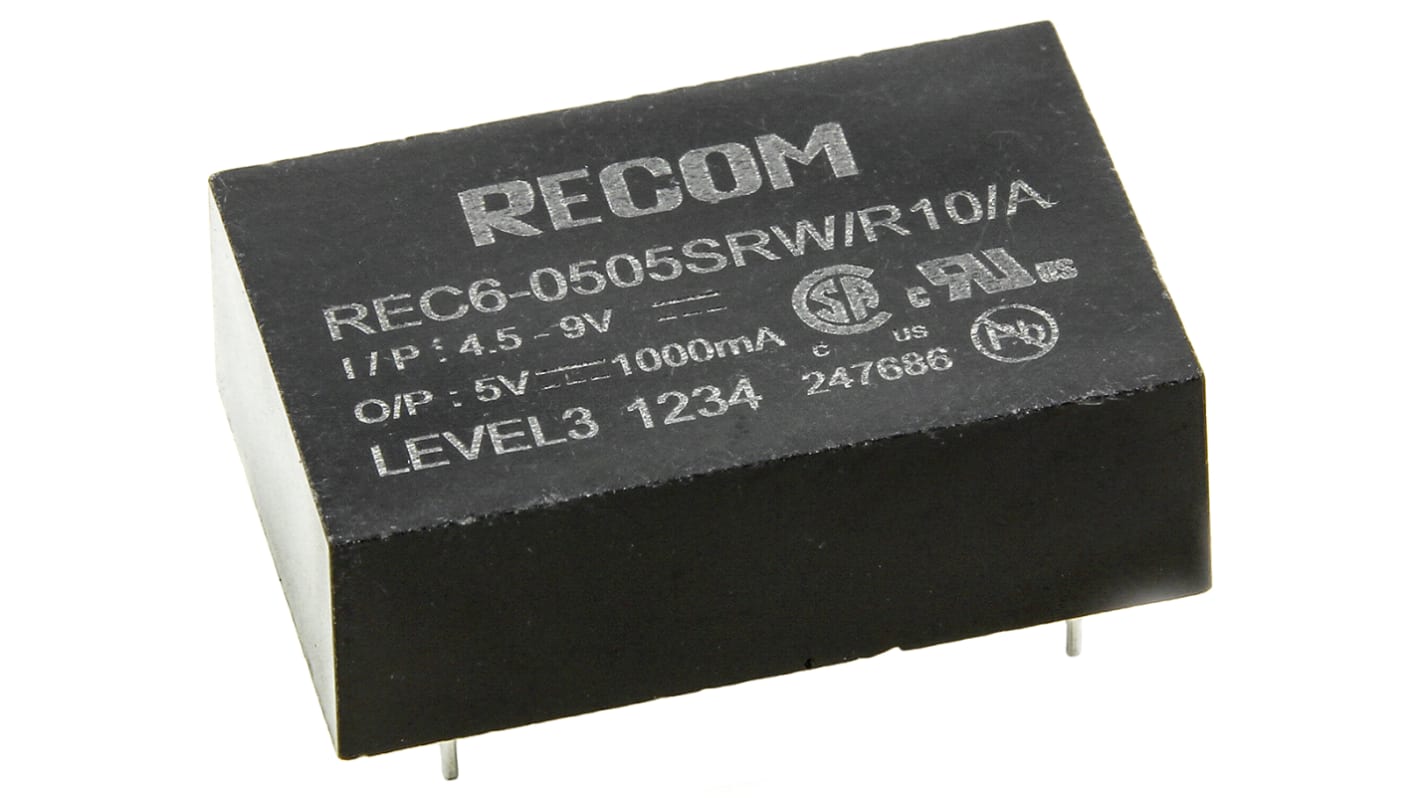 Recom 絶縁DC-DCコンバータ Vout：5V dc 4.5 → 9 V dc, 6W, REC6-0505SRW/R10/A | RS