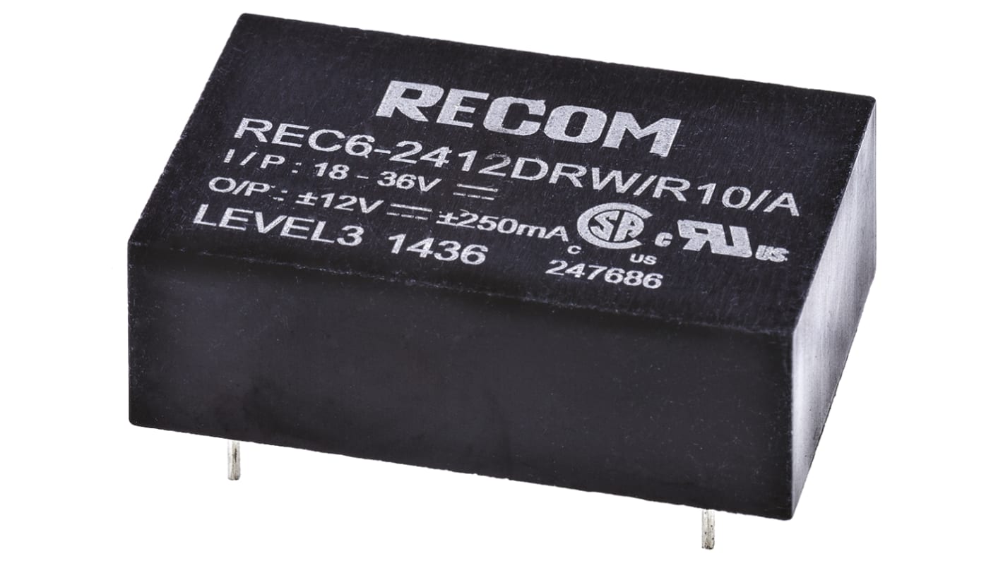 REC6-2412DRW/R10/A | Recom REC6 DC-DC Converter, ±12V dc/ ±250mA Output ...