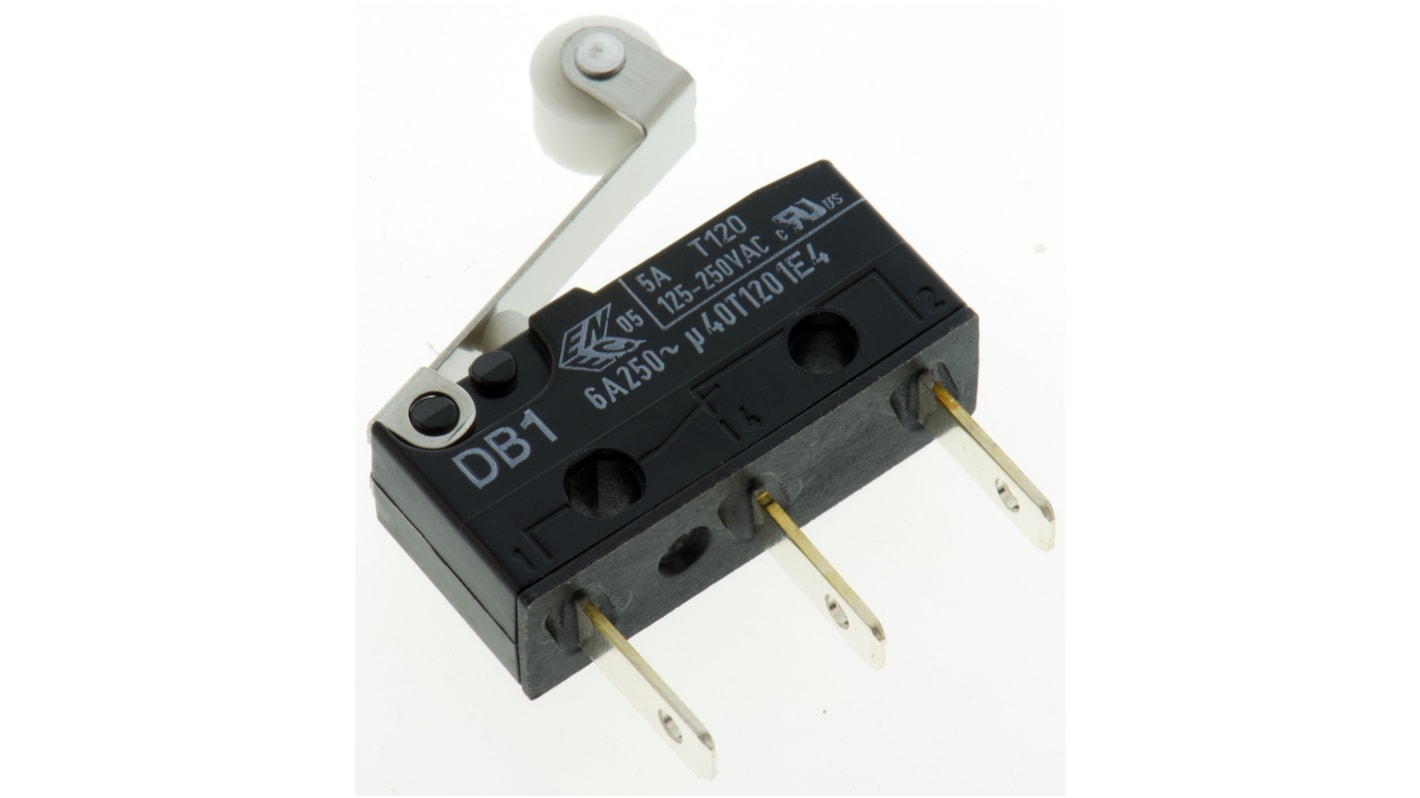 DB1C-B1RB | ZF Roller Lever Micro Switch, Tab Terminal, 6 A @ 250 V ac, SPDT | RS