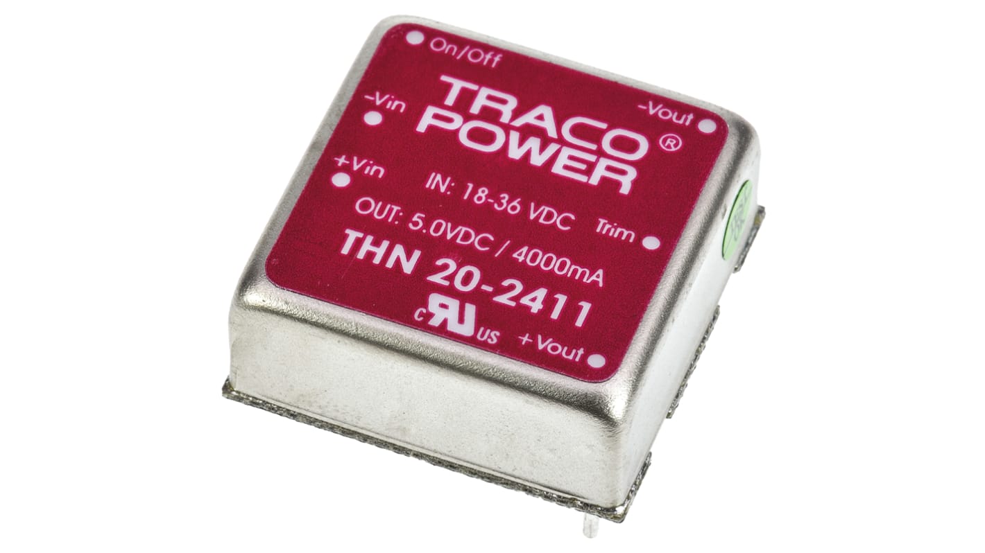 THN 20-2411 | TRACOPOWER THN 20 DC-DC Converter, 5V dc/ 4A Output, 18 → 36 V dc Input, 20W ...