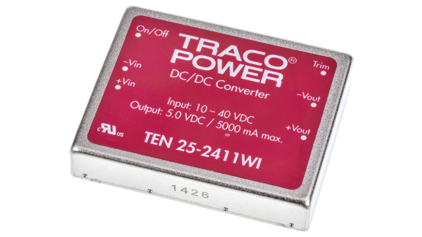 TEN 25-2411WI | TRACOPOWER TEN 25WI DC-DC Converter, 5V dc/ 5A Output, 10 → 40 V dc Input, 25W ...
